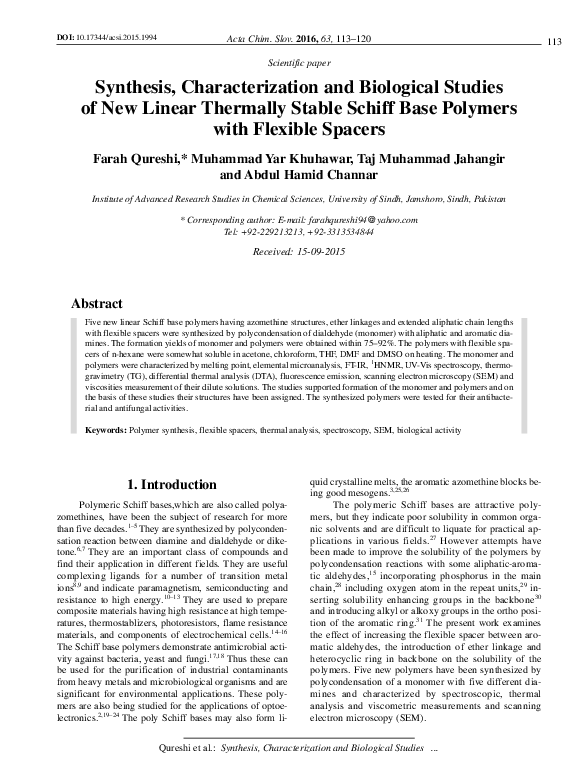 (PDF) Synthesis, Characterization and Biological Studies of New Linear ...