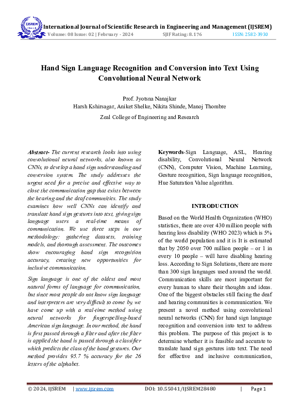 (PDF) Hand Sign Language Recognition and Conversion into Text Using ...