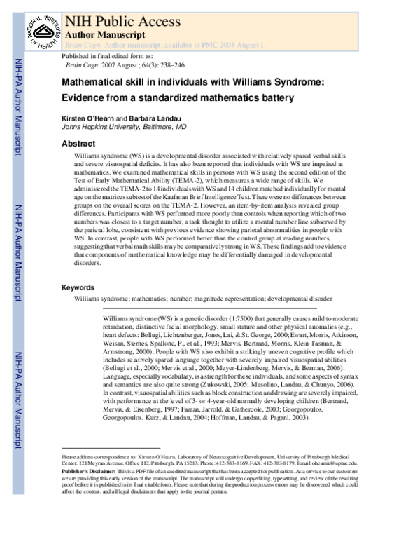 (PDF) Mathematical skill in individuals with Williams syndrome ...