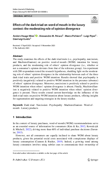 (PDF) Effects of the dark triad on word of mouth in the luxury context ...