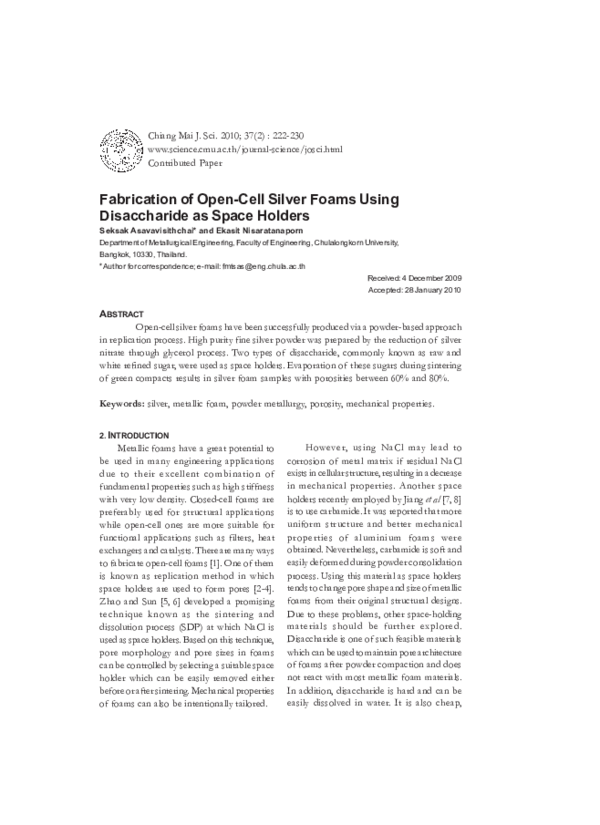 (PDF) Fabrication of Open-Cell Silver Foams Using Disaccharide as Space ...
