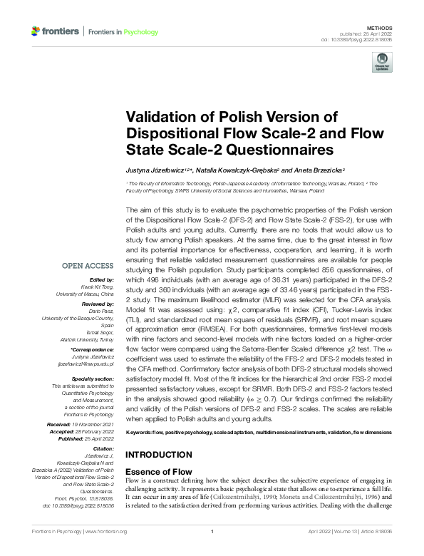 (PDF) Validation of Polish Version of Dispositional Flow Scale-2 and ...