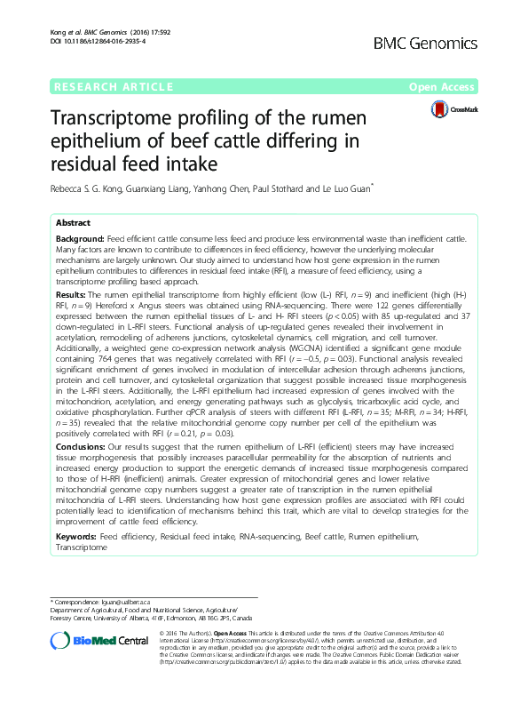 (PDF) Transcriptome profiling of the rumen epithelium of beef cattle ...