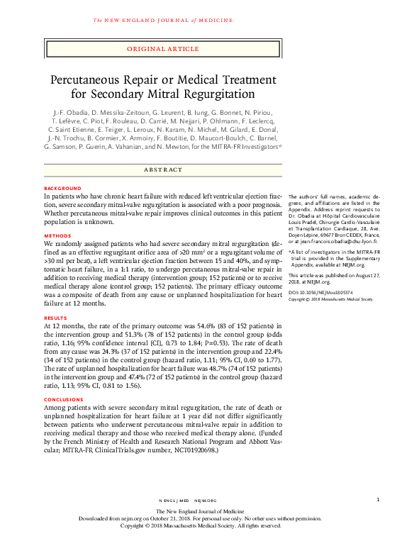 (PDF) Percutaneous Repair or Medical Treatment for Secondary Mitral ...