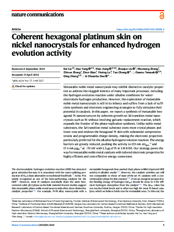 (PDF) Coherent hexagonal platinum skin on nickel nanocrystals for ...