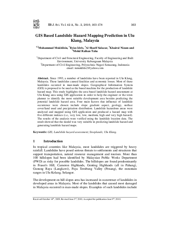 (PDF) GIS Based Landslide Hazard Mapping Prediction in Ulu Klang, Malaysia