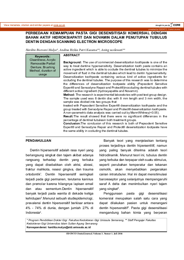 (PDF) Perbedaan Kemampuan Pasta Gigi Desensitisasi Komersial Dengan ...