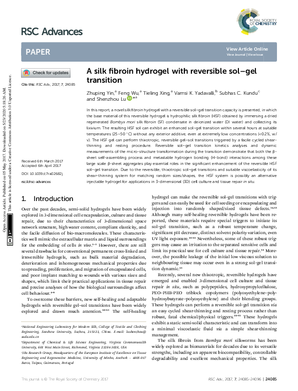 (PDF) A silk fibroin hydrogel with reversible sol–gel transition