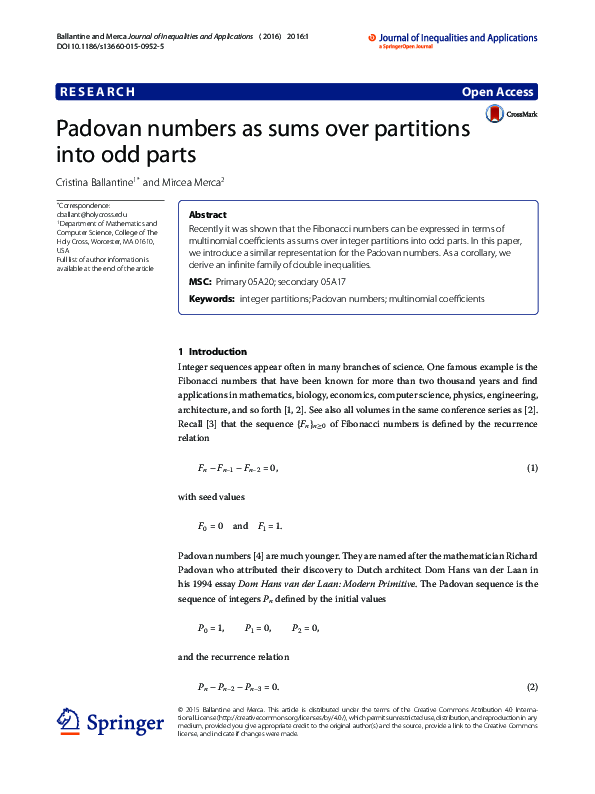 (PDF) Padovan numbers as sums over partitions into odd parts