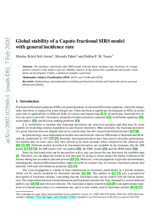 (PDF) Global Stability of a Caputo Fractional SIRS Model with General ...