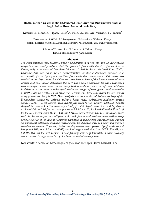 (PDF) Home-Range Analysis of the Endangered Roan Antelope (Hippotragus ...