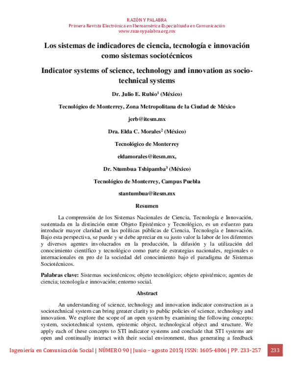 (PDF) Los sistemas de indicadores de ciencia, tecnología e innovación ...