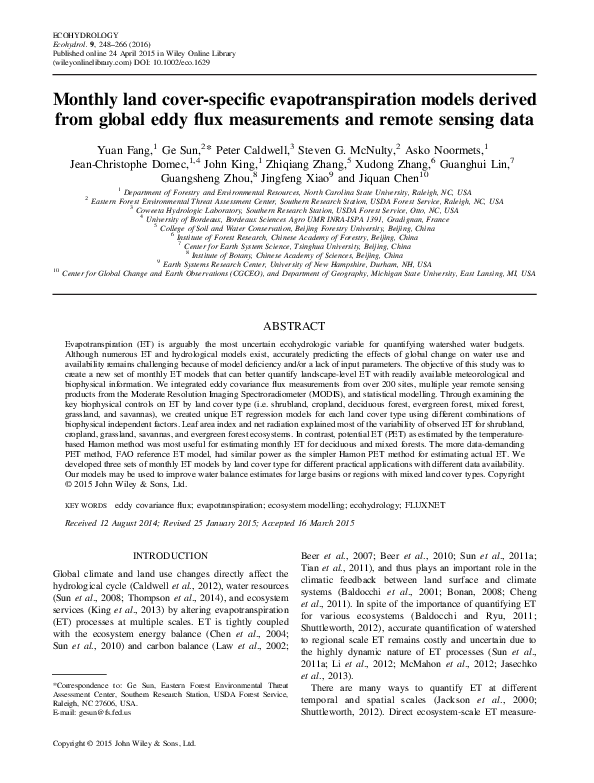 (PDF) Monthly land cover‐specific evapotranspiration models derived ...