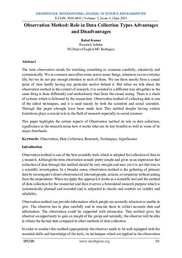 (PDF) Observation Method: Role in Data Collection Types Advantages and ...