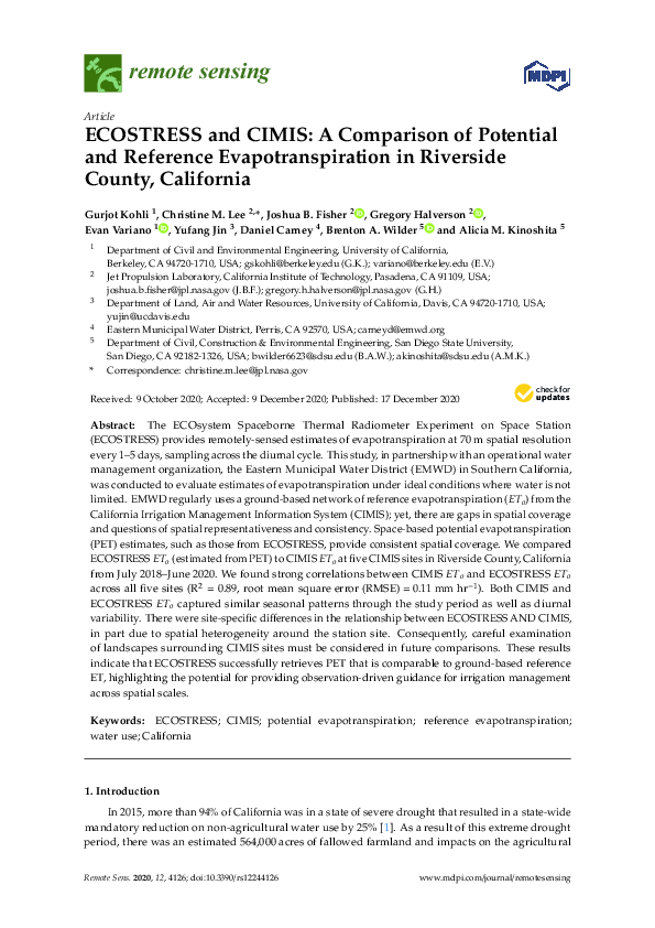 (PDF) ECOSTRESS and CIMIS: A Comparison of Potential and Reference ...