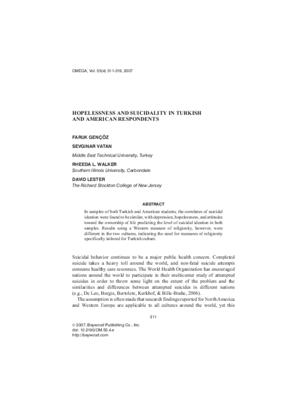 (PDF) Hopelessness and Suicidality in Turkish and American Respondents