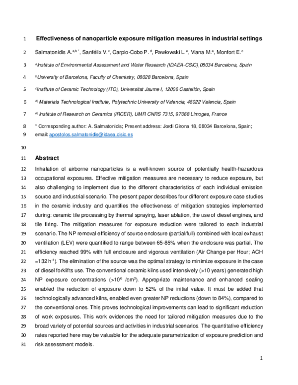 (PDF) Effectiveness of nanoparticle exposure mitigation measures in ...