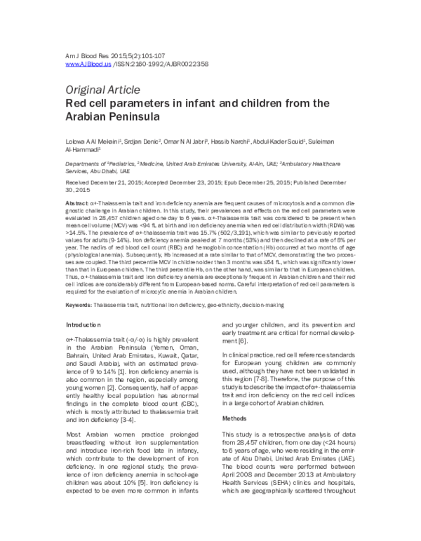 (PDF) Red cell parameters in infant and children from the Arabian Peninsula