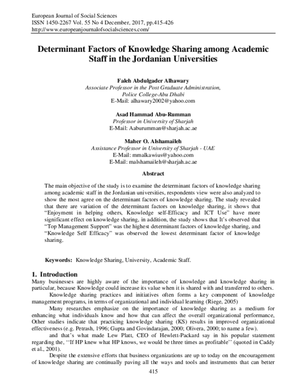 (PDF) Determinant Factors of Knowledge Sharing among Academic Staff in ...