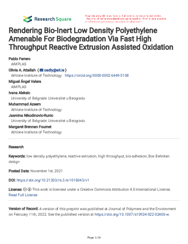 (PDF) Rendering Bio-Inert Low Density Polyethylene Amenable For ...