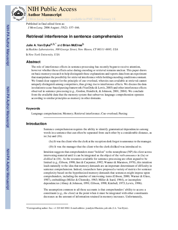 (PDF) Retrieval interference in sentence comprehension
