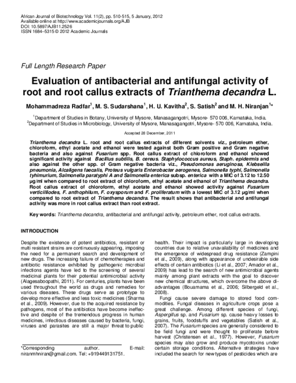 (PDF) Evaluation of antibacterial and antifungal activity of root and ...