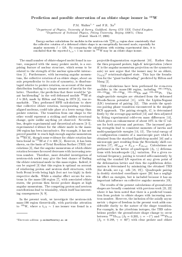 (PDF) Prediction and possible observation of an oblate shape isomer in 190W