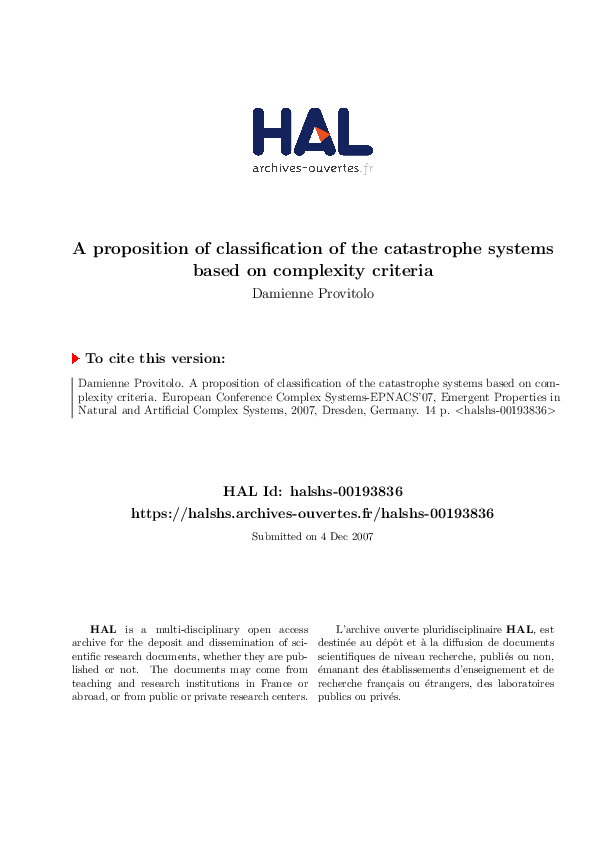 (PDF) A proposition of classification of the catastrophe systems based ...