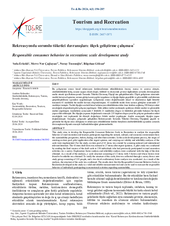(PDF) Rekreasyonda sorumlu tüketici davranışları: ölçek geliştirme ...