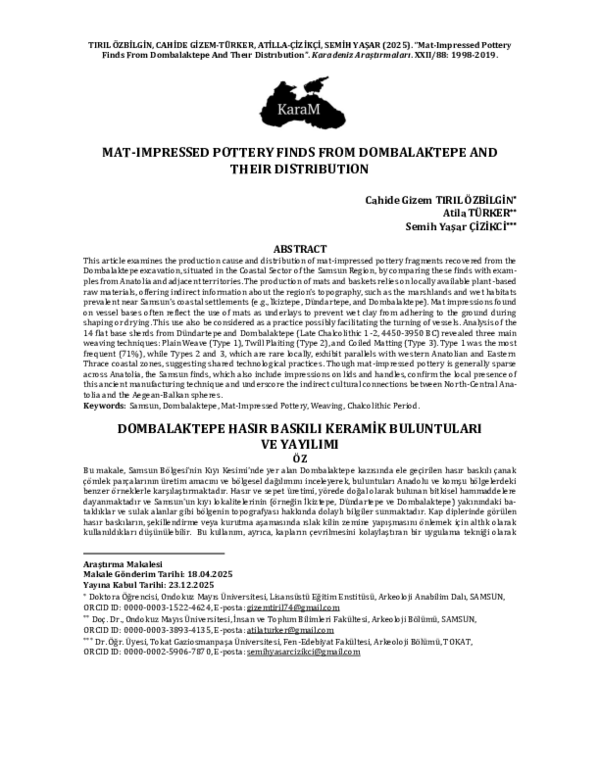 (PDF) MAT-IMPRESSED POTTERY FINDS FROM DOMBALAKTEPE AND THEIR DISTRIBUTION