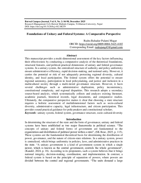 (PDF) Foundations of Unitary and Federal Systems: A Comparative Perspective