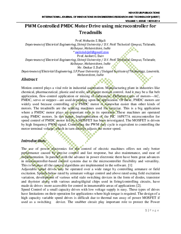 (PDF) PWM Controlled PMDC Motor Drive using microcontroller for Treadmills