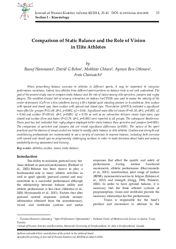 (PDF) Comparison of Static Balance and the Role of Vision in Elite Athletes