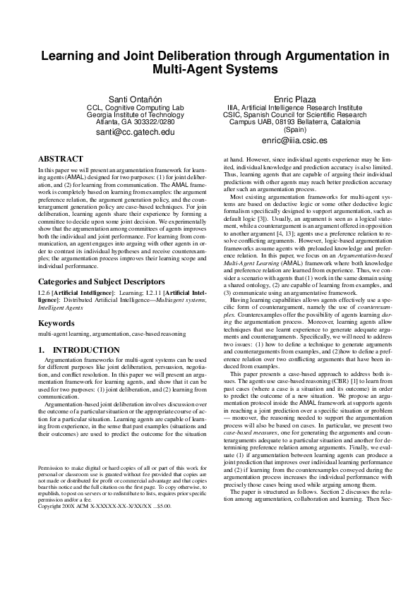 Pdf Learning And Joint Deliberation Through Argumentation In Multiagent Systems