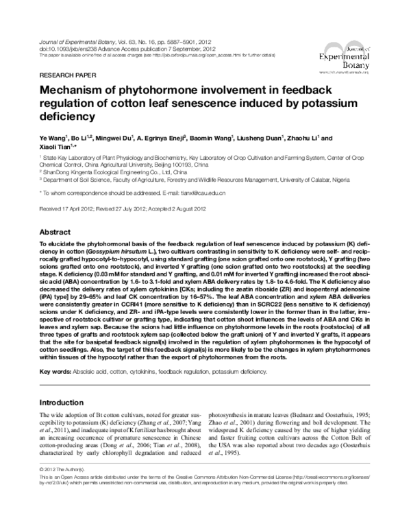 (PDF) Mechanism of phytohormone involvement in feedback regulation of ...