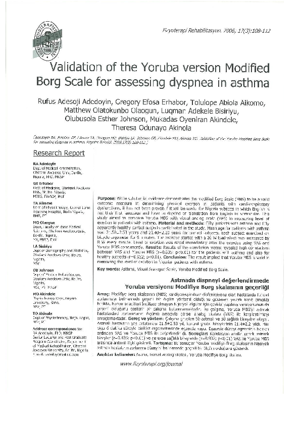 (PDF) Validation of the Yoruba version Modified Borg Scale for ...
