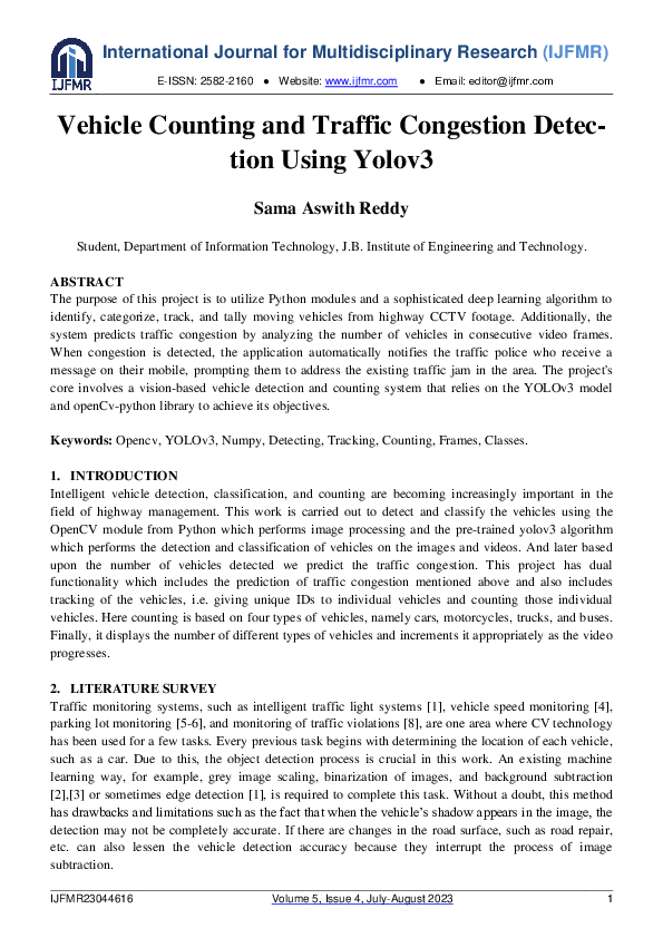 (PDF) Vehicle Counting And Traffic Congestion Detection Using YOLOv3