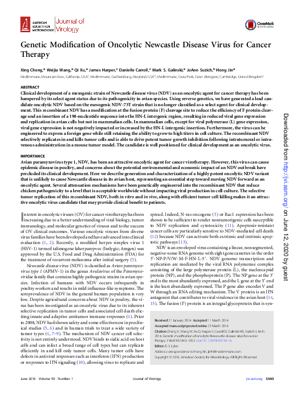 (PDF) Genetic Modification of Oncolytic Newcastle Disease Virus for ...