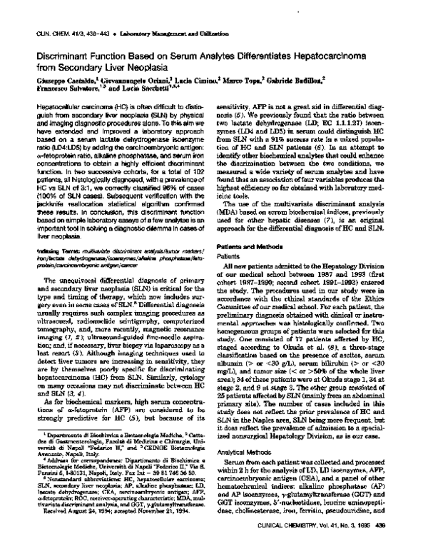 (PDF) Discriminant function based on serum analytes differentiates ...