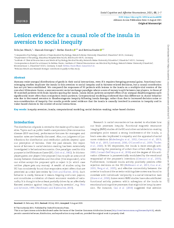 (PDF) Lesion evidence for a causal role of the insula in aversion to ...