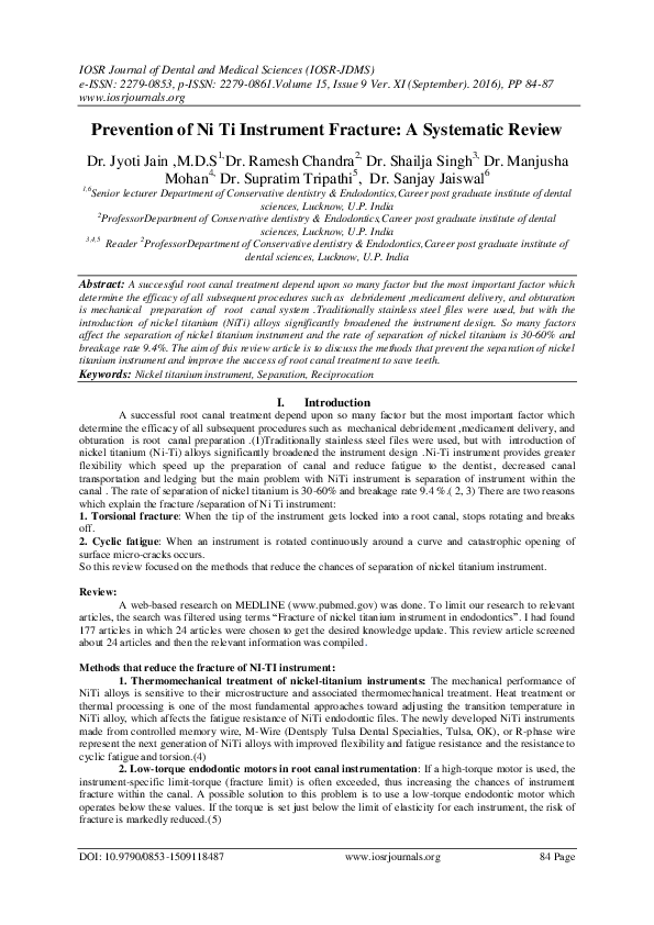 (PDF) Prevention of Ni Ti Instrument Fracture: A Systematic Review