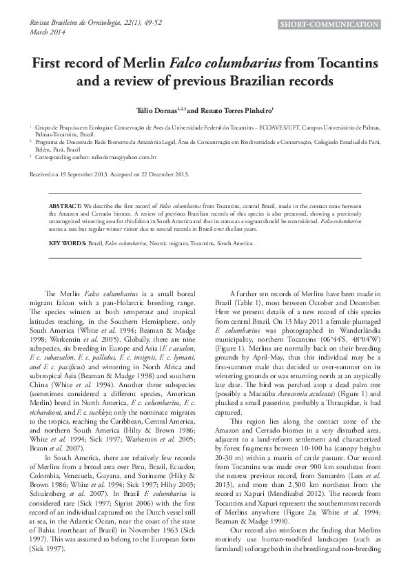 (PDF) First record of Merlin Falco columbarius from Tocantins and a ...