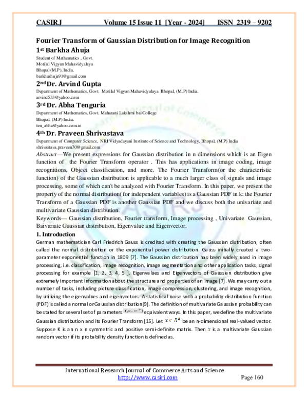 (PDF) Fourier Transform of Gaussian Distribution for Image Recognition
