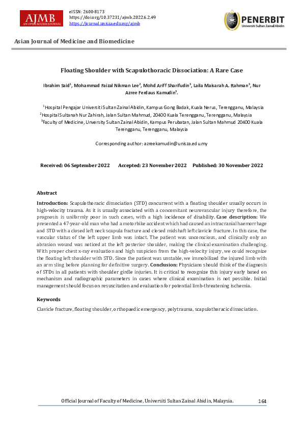 (PDF) Floating Shoulder with Scapulothoracic Dissociation: A Rare Case ...