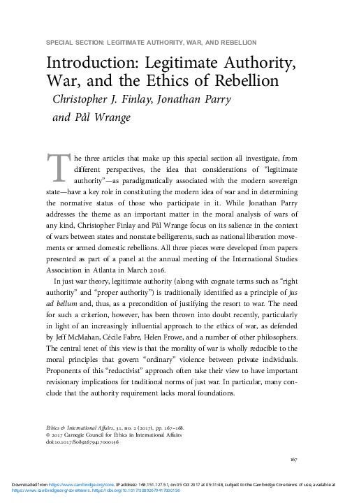 (PDF) Introduction: Legitimate Authority, War, and the Ethics of Rebellion