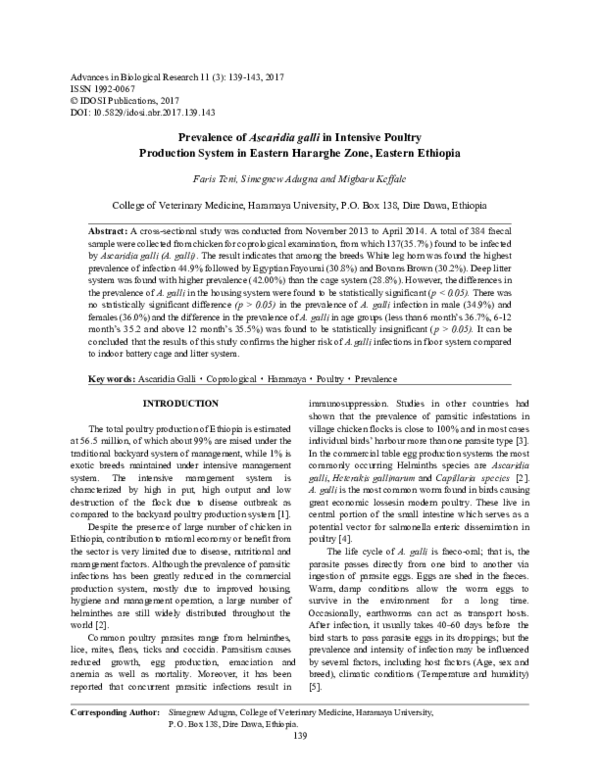 (PDF) Prevalence of Ascaridia galli in Intensive Poultry Production ...