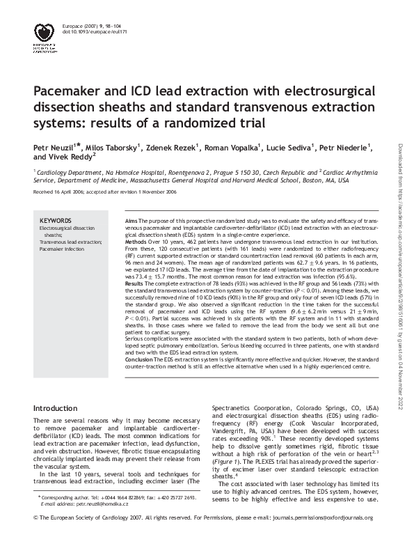 (PDF) Pacemaker and ICD lead extraction with electrosurgical dissection ...