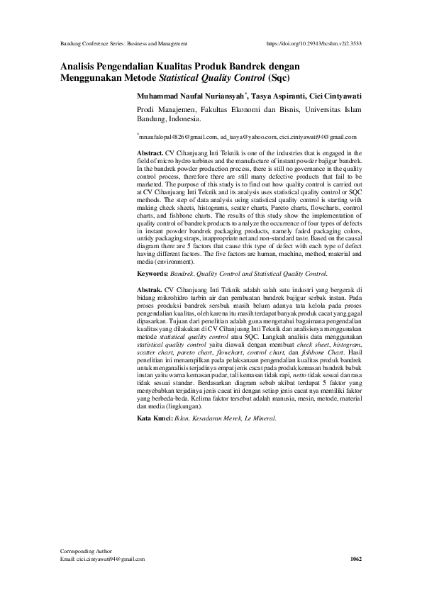 (PDF) Analisis Pengendalian Kualitas Produk Bandrek dengan Menggunakan ...