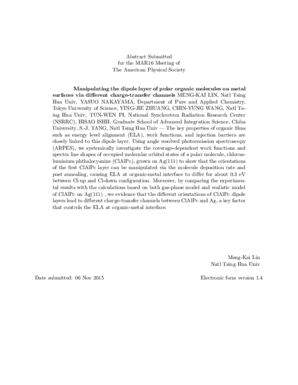 (PDF) Manipulating the dipole layer of polar organic molecules on metal ...