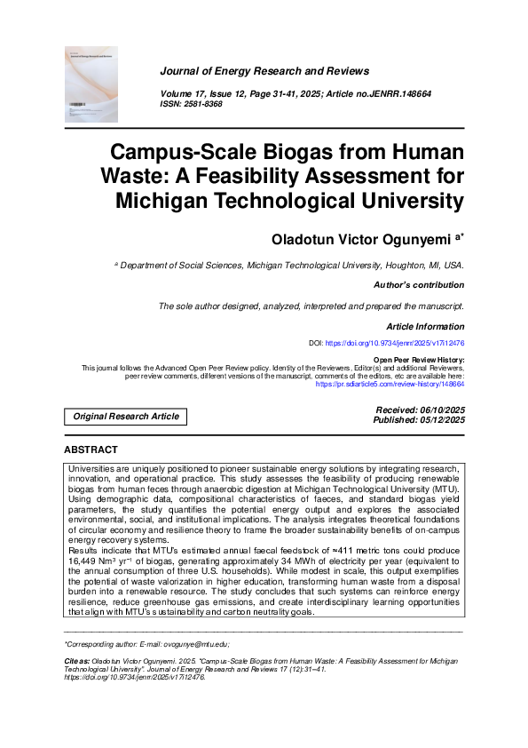 (PDF) Campus-Scale Biogas from Human Waste: A Feasibility Assessment ...